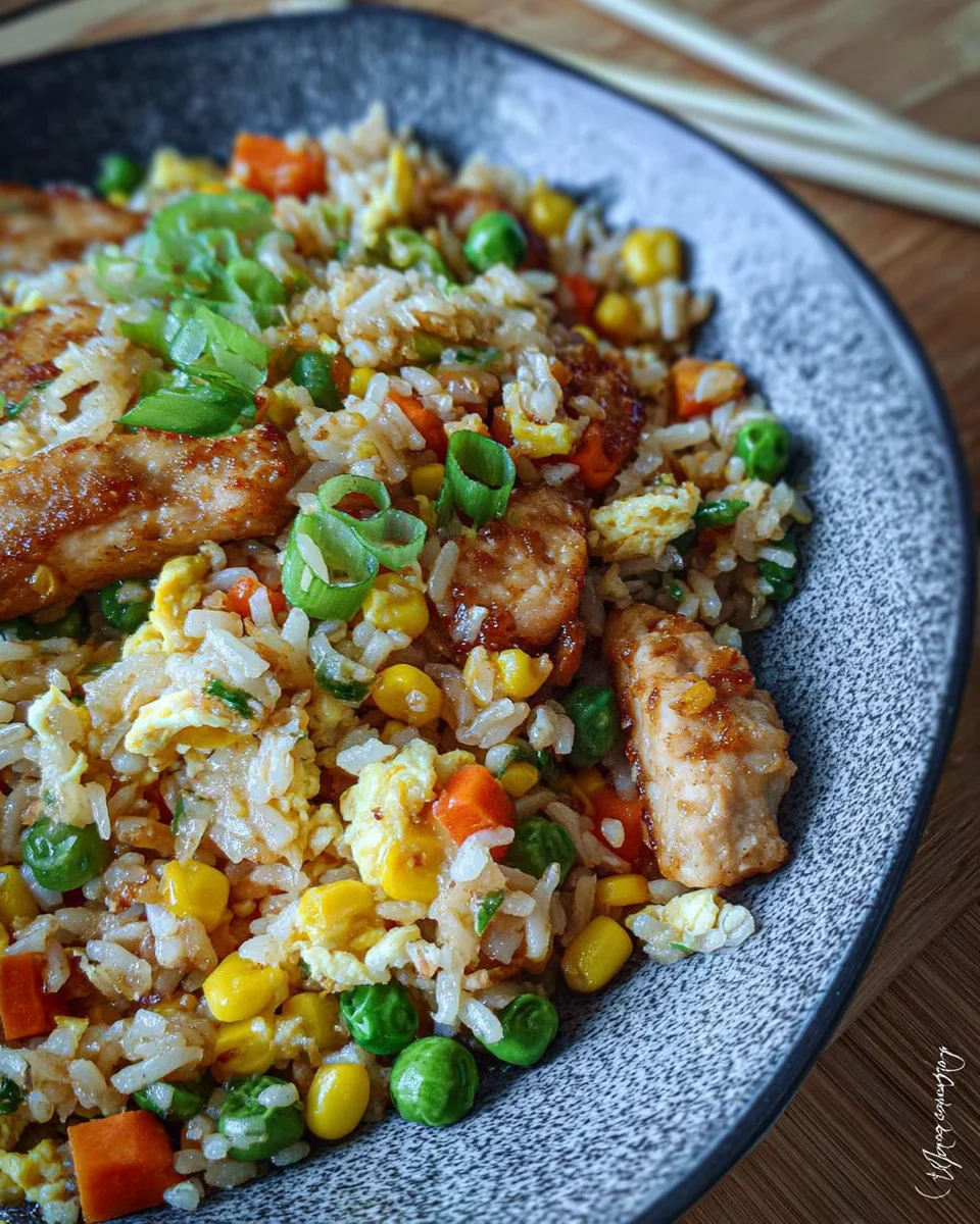 Reis im Airfryer – gebratener Reis mit Hähnchen