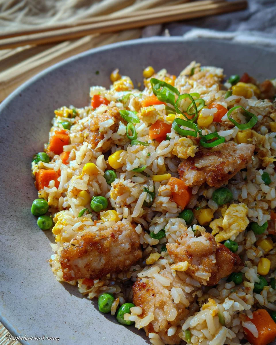 Reis im Airfryer – gebratener Reis mit Hähnchen